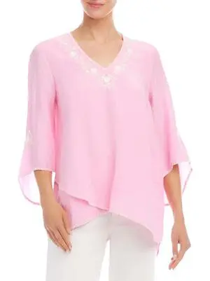 Karen Kane Embroidered Asymmetric Hem Linen Blend Top - Pink