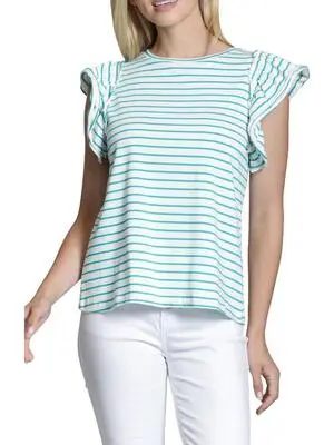 APNY Stripe Ruffle Cap-sleeve T-shirt - White/jade Stripe