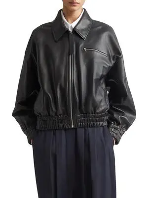 JIL SANDER Boxy Sheepskin Leather Zip Blouson Jacket - Black