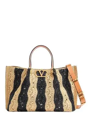 Valentino Garavani Medium Striped Raffia Tote Bag - Natural