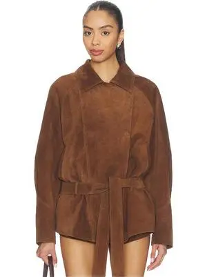 AEXAE Leather Suede Belted Jacket - Brown Suede