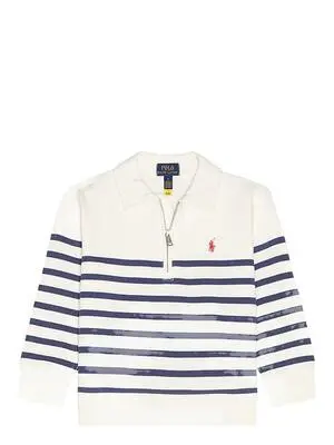 Polo Ralph Lauren Long Sleeve French Terry Striped Half Zip Pullover - Deckwash White & Light Navy