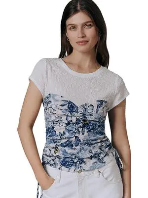 Maeve Ruched Corset Short-sleeve Top - Blue Floral