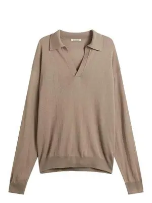 Auralee Cashmere Silk Knit Skipper Polo - Khaki Brown