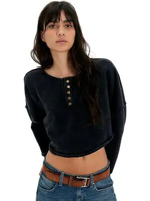 Free People Katie Cropped Henley Sweatshirt - Black