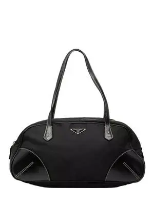 Prada Vitello Trimmed Tessuto Handbag - Black