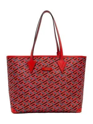 Versace 2021-2025 La Greca Coated Canvas Tote Bag - Red