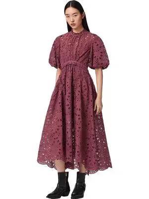 ALLSAINTS Odette Broiderie Anglais Maxi Dress Raspberry Pink
