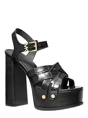 Michael Kors Nora Crocodile Embossed Leather Platform Sandal - Black