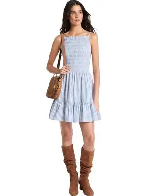 Michael Kors Striped Stretch Cotton Blend Smocked Mini Dress - Blue