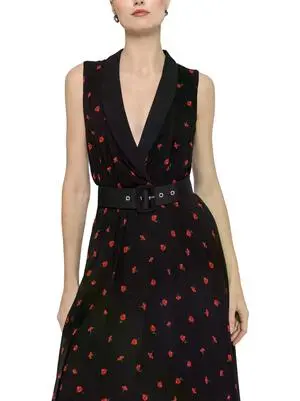 NISSA Belted Floral Midi Dress - Black