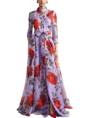 Carolina Herrera Rose Print Silk Organza Gown - Violeta Multi