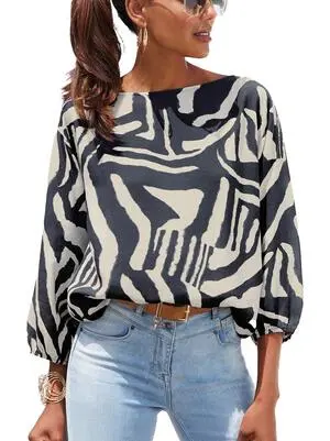 LASCANA Abstract Print Boat Neck Blouse - Ivory Navy