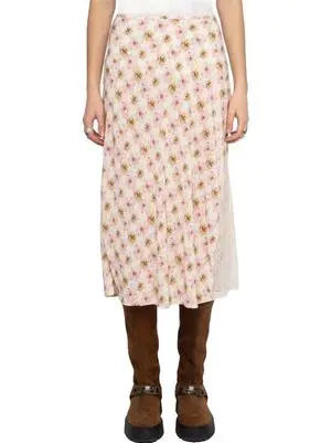 Zadig&Voltaire Jayla Mirror Flowers Lace Trim Crepe Midi Skirt - Pear