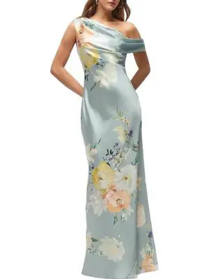 After Six Liv Print One-shoulder Gown - Mist Multi
