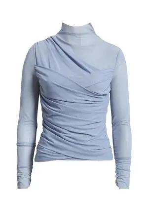 Hugo Boss Ruched Mesh Turtleneck Top - Bright Blue
