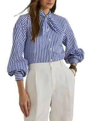 Ralph Lauren Striped Tie-neck Button-up Shirt - Blue/white