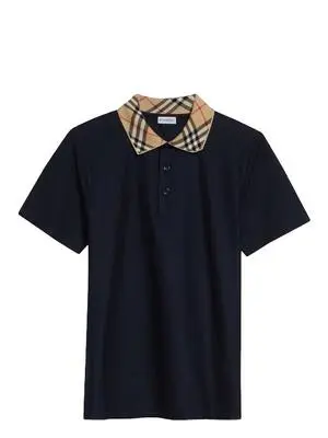 Burberry Evan Check Collar Cotton Piqué Polo - Smoked Navy