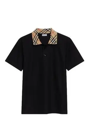 Burberry Evan Check Collar Cotton Piqué Polo - Black