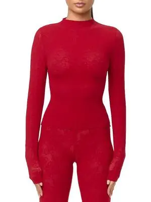 Naked Wardrobe Scalloped Hem Stretch Lace Top - Ruby Red