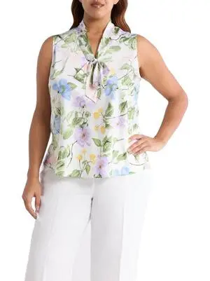 KASPER Sleeveless Tie Neck Satin Top - Lily White Multi