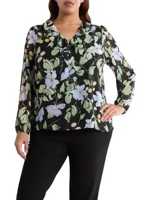 KASPER Floral Print Ruffle Blouse - Black Multi