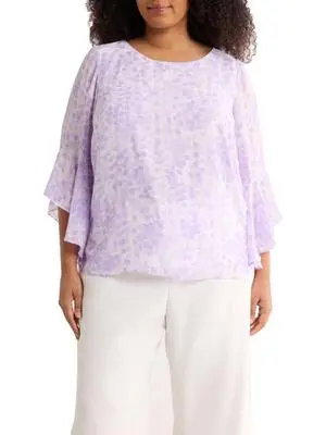 KASPER Printed Ruffle Sleeve Top - Lavender Mist Multi