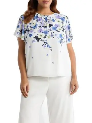 KASPER Floral Print Flutter Sleeve Top - Lily White Multi