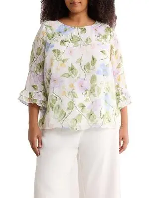 KASPER Floral Print Ruffle Sleeve Blouse - Lily White Multi