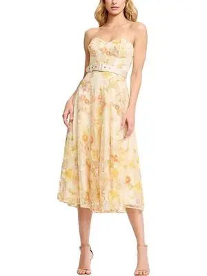 Dress The Population Mabel Sweetheart Bustier Belted Tea Dress - Ivory Multi