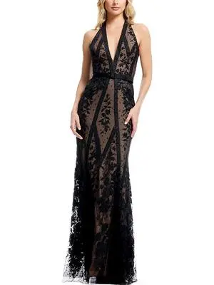 Dress The Population Devin Embroidered Halter Gown - Black-nude