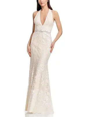 Dress The Population Devin Embroidered Halter Gown - Off White