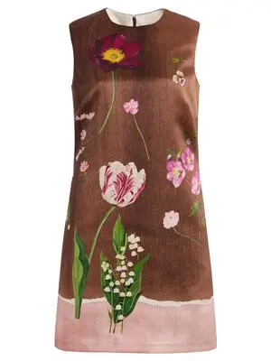 Oscar De La Renta Botanical Satin Mini Dress Brown