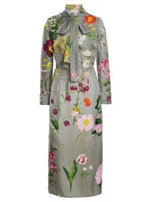Oscar De La Renta Botanical Silk-twill Midi Dress - Grey