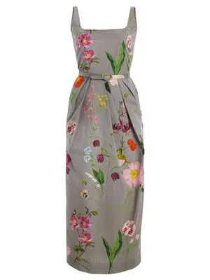 Oscar De La Renta Botanical Printed Midi Dress - Grey