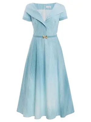 Oscar De La Renta Belted Cotton-poplin Midi Dress - Blue