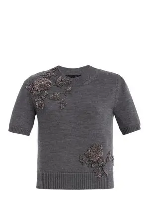 Oscar De La Renta Beaded Wool Top - Dark Grey