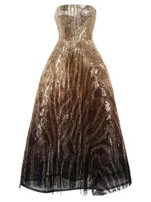Oscar De La Renta Sequined Moire Maxi Dress - Gold