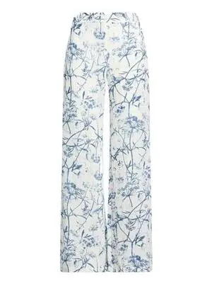 120% Lino Floral-print Wide-leg Linen Pants - White