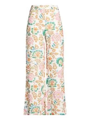 120% Lino Floral Print Linen Wide-leg Pants - White