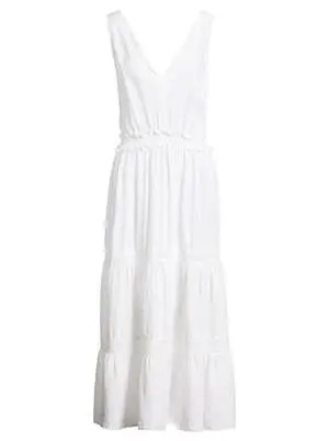 120% Lino Flared Linen Maxi Dress With Lace Trims - White