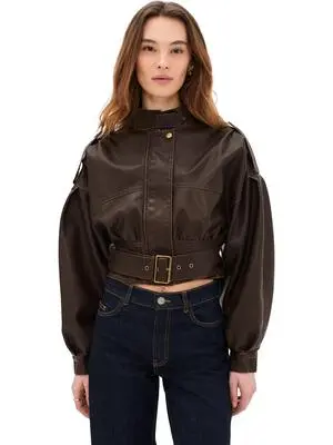 Lioness Faux Leather Bomber Jacket - Chocolate