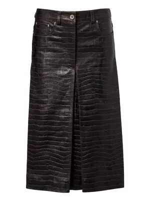 Rabanne Pleated Croc-effect Leather Midi Skirt - Brown