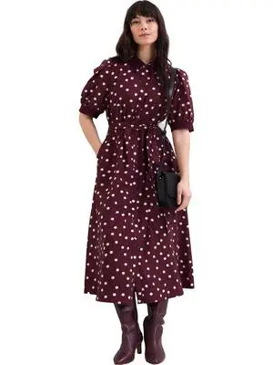 PHASE EIGHT Printed Puff Sleeve Midi Shirt Dress - Burgundy