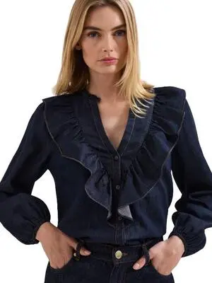 PHASE EIGHT Alexia Denim Ruffle V-neck Blouse - Mid Wash
