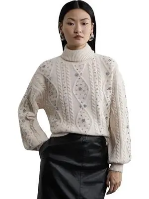 KAREN MILLEN Wool Blend Embellished Cable Knit Jumper