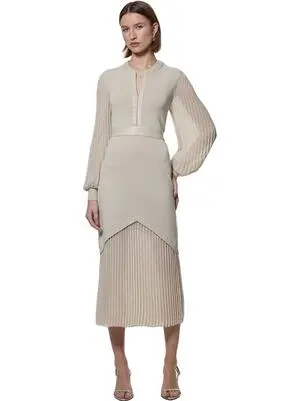 Karen Millen Petite Woven Sleeved Pleated Dress - Stone