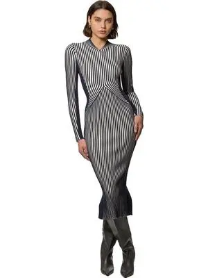 Karen Millen Stripe Fitted Knitted Midi Dress - Navy