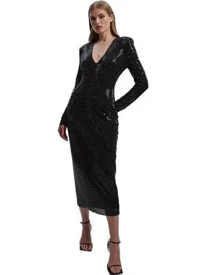 Karen Millen Long Sleeve Plunge Neck Midi Dress - Black