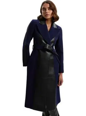 Karen Millen Wool Blend Belted Midi Coat With Pu Panels - Navy